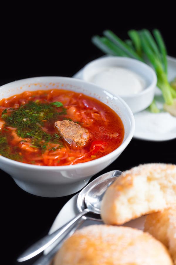 Ukrainian Borsch with Bread, Onion and Sour Cream Stock Photo - Image ...