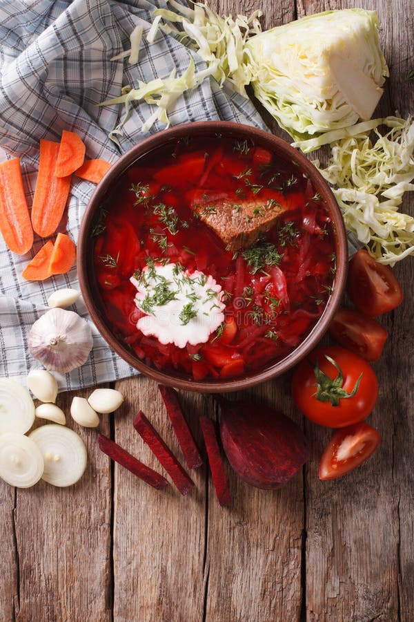 Ukrainian Borsch Soup and Ingredients. Vertical Top View Stock Image ...
