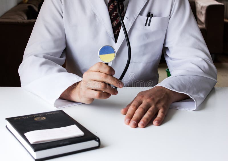 Ukrainian Doctor in the Office with Flag Stock Photo - Image of female ...
