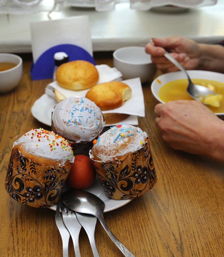 Ukrainian Easter Paska, Buns, Tableware on a Table in the Canteen ...