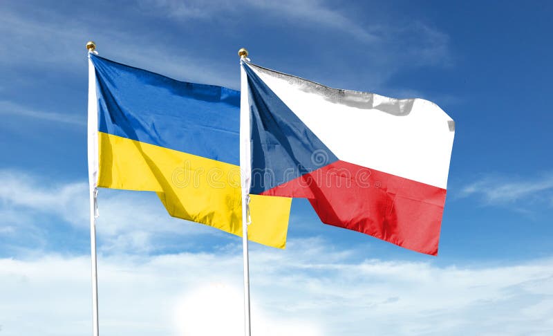 Ukrainian Flag and Czech Flag on Cloudy Sky. Waving in the Sky Stock ...