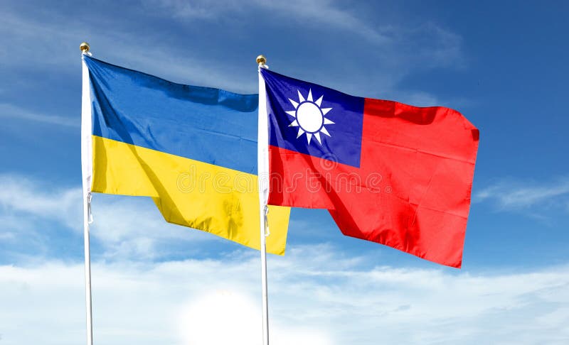 Ukrainian Flag and Taiwan Flag on Cloudy Sky. Waving in the Sky Stock ...