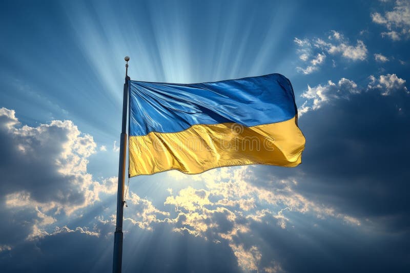 Ukrainian Flag Waving in the Wind with Dramatic Clouds and Sun Rays ...