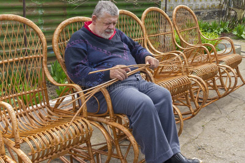 Ukrainian Man Sorting Withe while Making Whicker Rocking Chair in ...