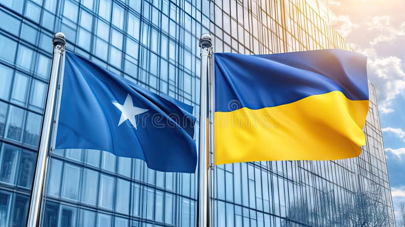 Ukrainian and NATO-style Flags Soaring Against a Modern Building ...