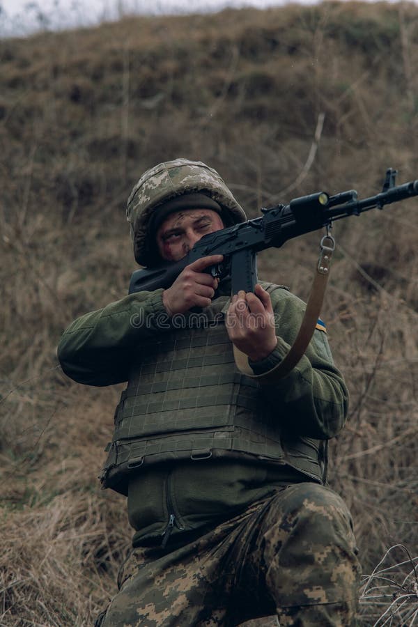 Ukrainian Soldier Aims from Kalashnikov Assault Rifle Stock Photo ...