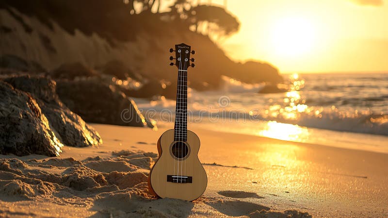 Ukulele on beach at sunset stock photo. Image of holiday - 353255172