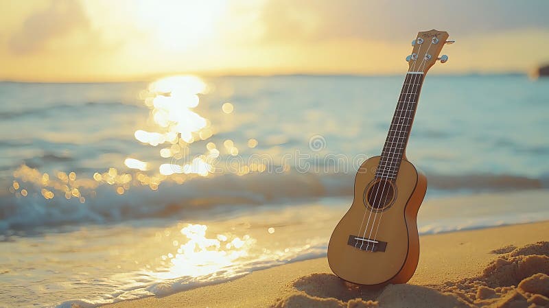 Ukulele on beach at sunset stock image. Image of sunset - 353255179