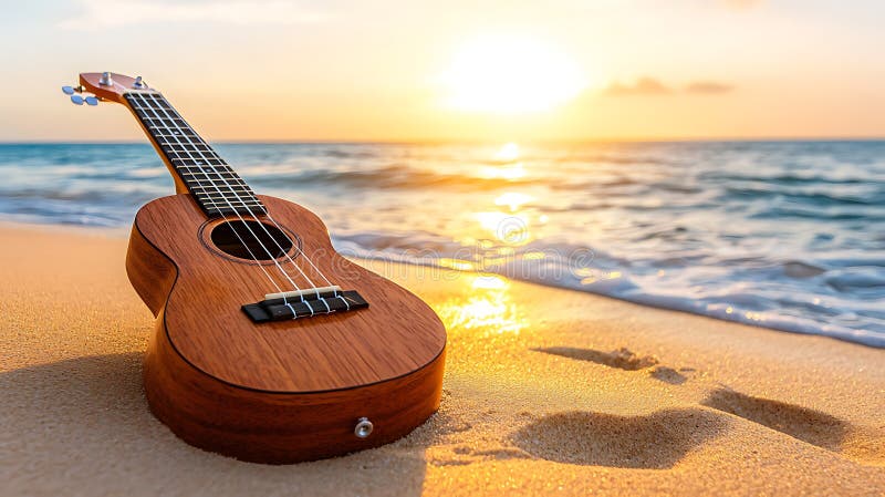 Ukulele on Sandy Beach at Sunset Stock Photo - Image of freedom, coast ...