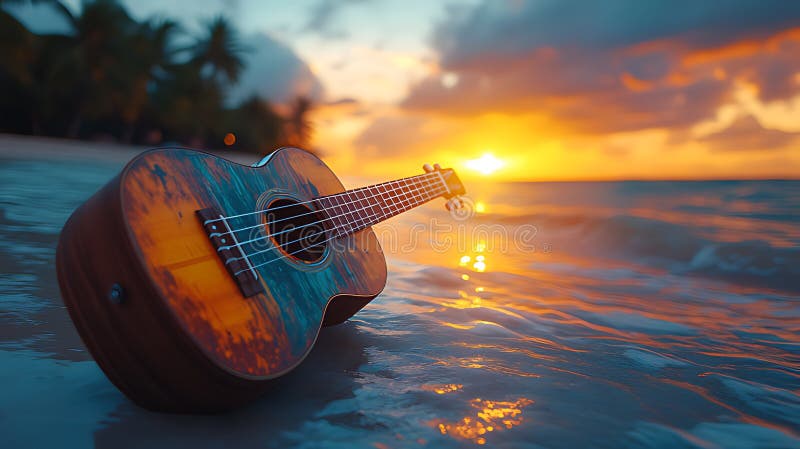 Ukulele on Tropical Beach at Sunset Stock Illustration - Illustration ...