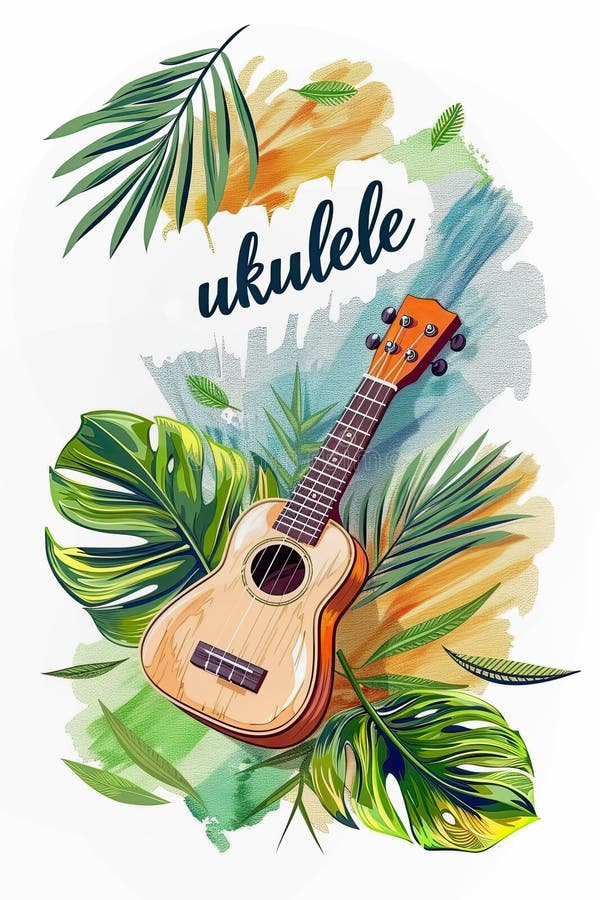 Ukulele and Tropical Leaves on White Background, Text UKULELE Stock ...