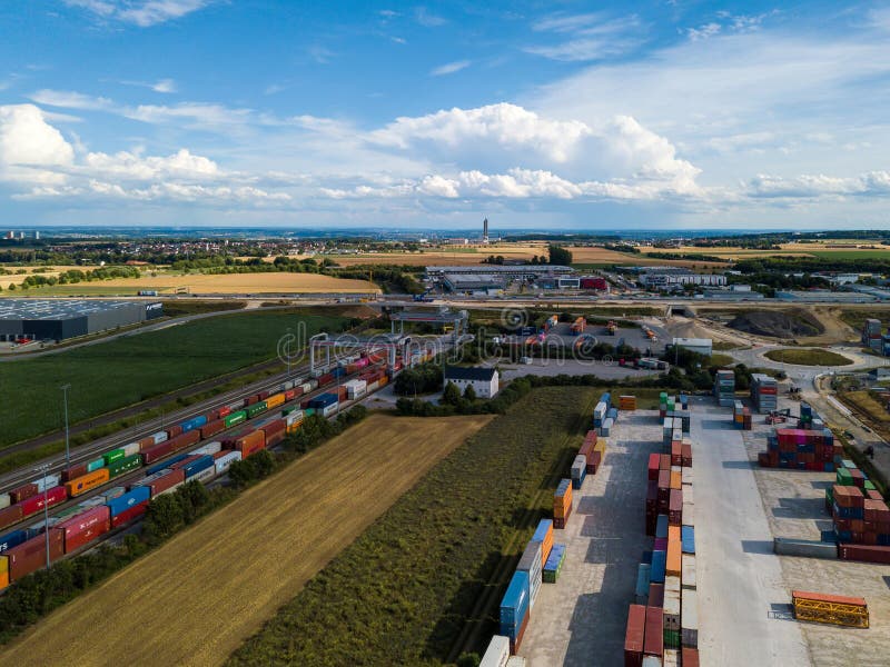 Aerial of the Container Terminal in Ulm, Germany with Rail Connection ...