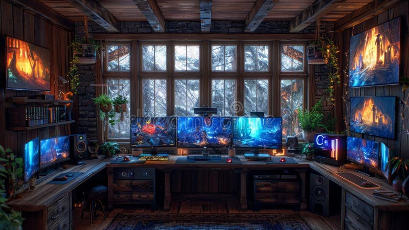 Ultimate Gaming Setup in a Cabin - Generative Ai Stock Illustration ...
