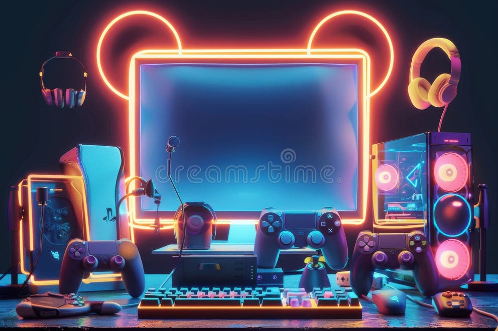 Ultimate Gaming Setup with Neon Lights. PC, Controllers, and ...