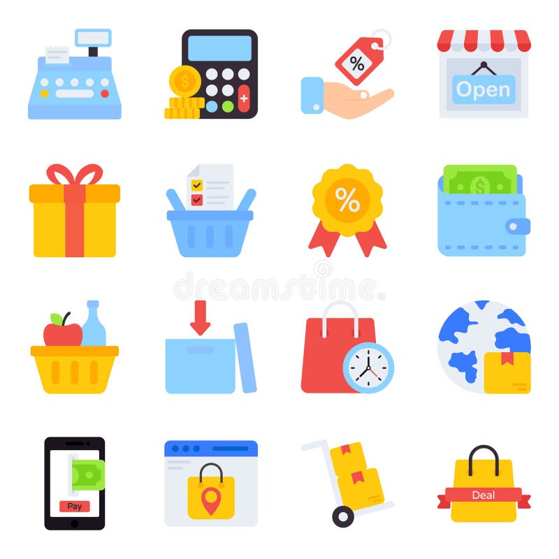 Pack of Buying Flat Icons stock vector. Illustration of pouchette ...
