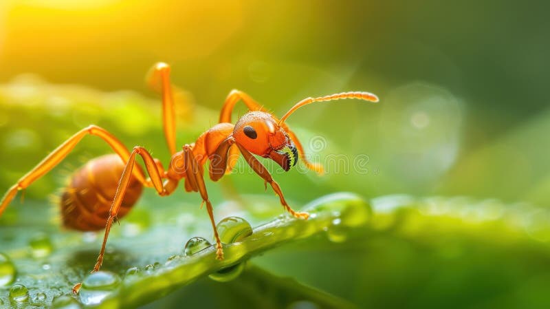 Ultra Macro Shot of an Ant Navigating a Dewdrop-laden Grass Blade ...