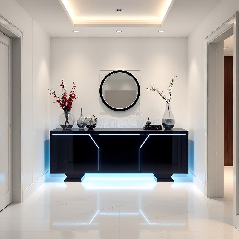 An Ultra Modern Hallway with a High Tech Console Table LED Lighting and ...
