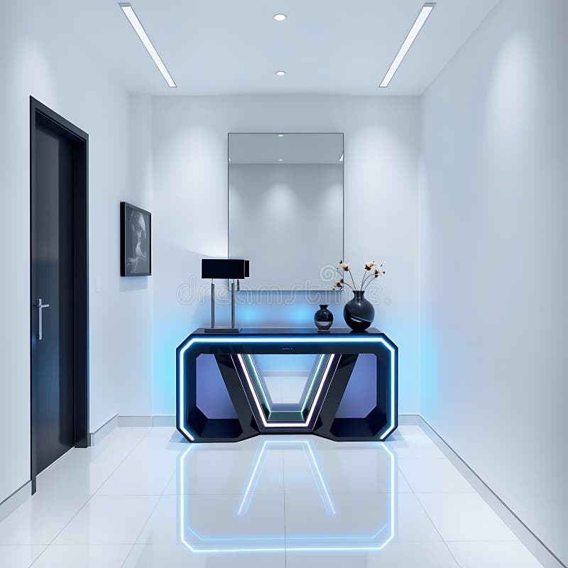 An Ultra Modern Hallway with a High Tech Console Table LED Lighting and ...