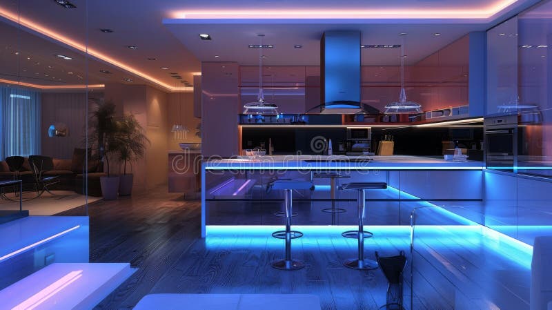 Ultra-modern Kitchen with Blue LED Lighting Accents and High-tech ...