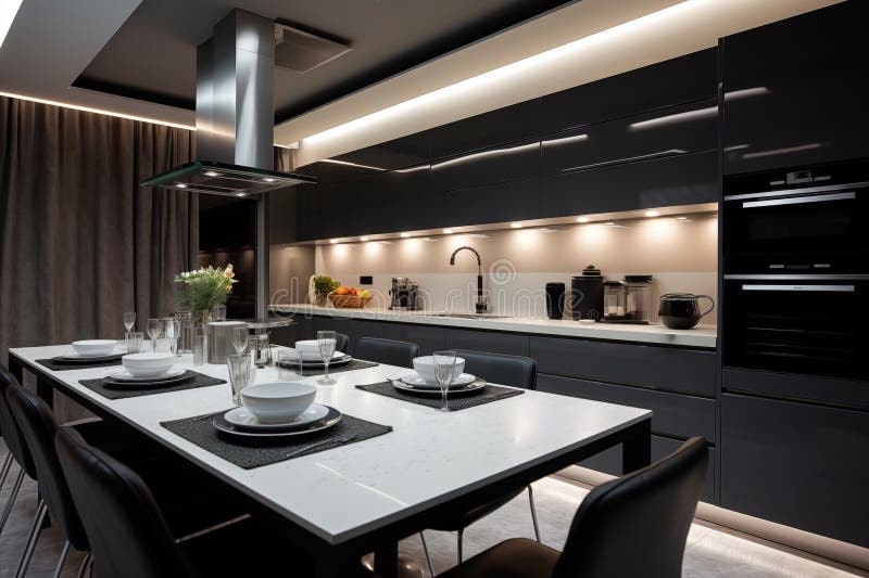 Ultra Modern Kitchen with Dinner Table. by Generative Ai Stock ...