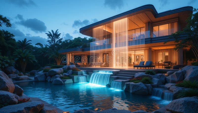 Ultra-modern Luxury House with a Glowing Pool at Night Stock ...