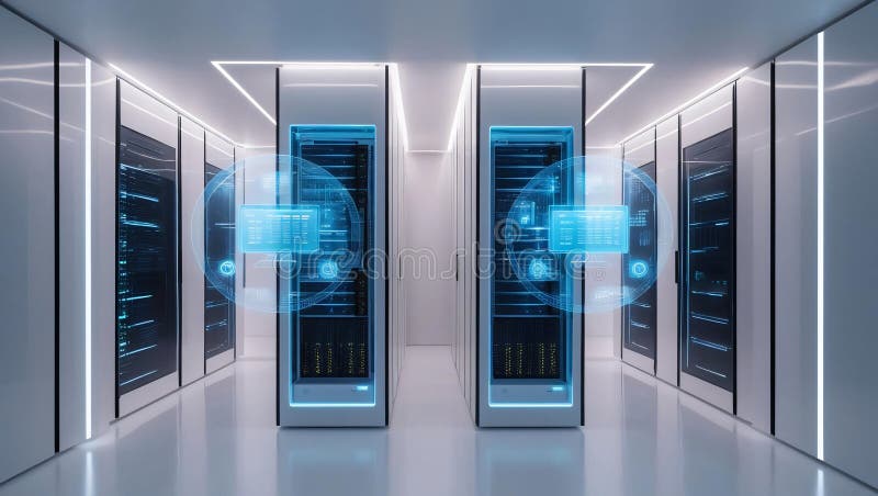 Ultra Modern Server Room with Data Visualization Holograms, Featuring ...