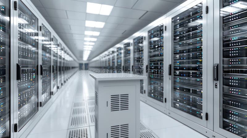 Ultra-Modern White Data Center with Bright LED Lighting and Endless ...