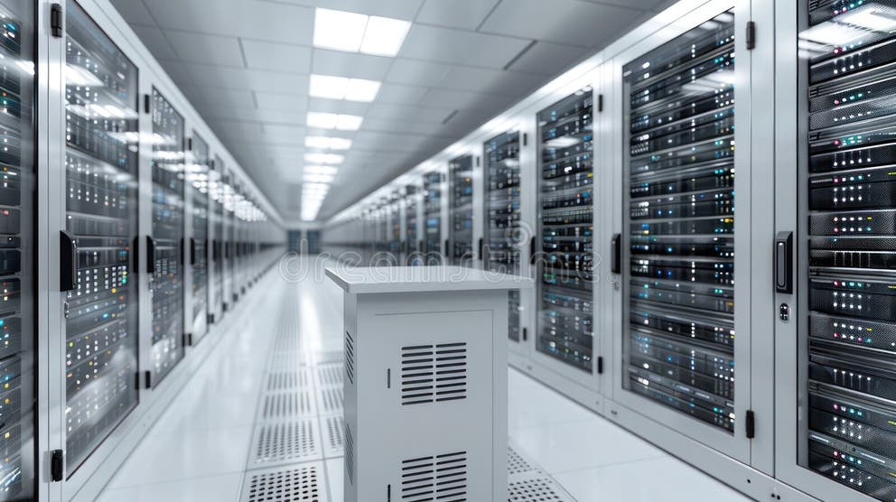 Ultra-Modern White Data Center with Bright LED Lighting and Endless ...