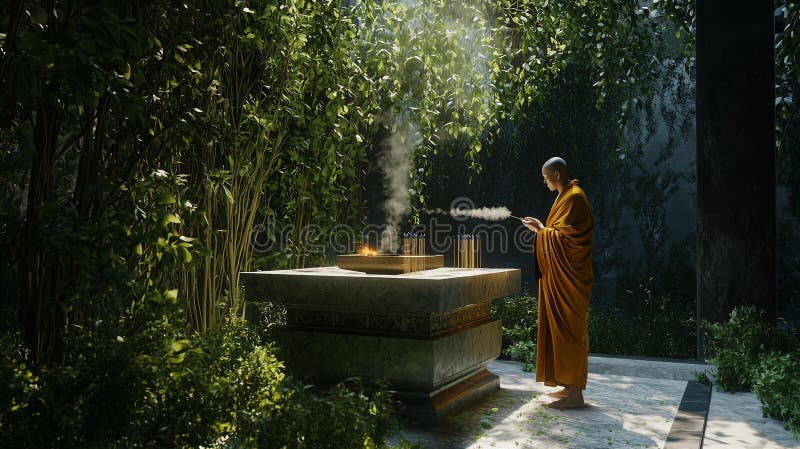 Ultra-realistic Image of a Buddhist Monk Lighting Incense at a Serene ...
