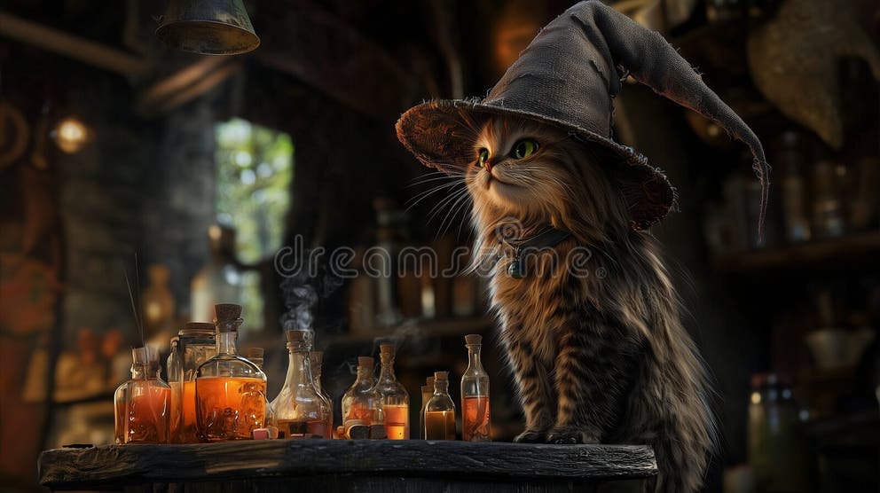 Fluffy Cat in Oversized Wizard Hat Surrounded by Glowing Potions Stock ...