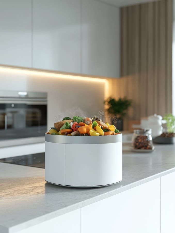 Ultra Realistic Image of Modern Compost Bin on Kitchen Counter for Eco ...