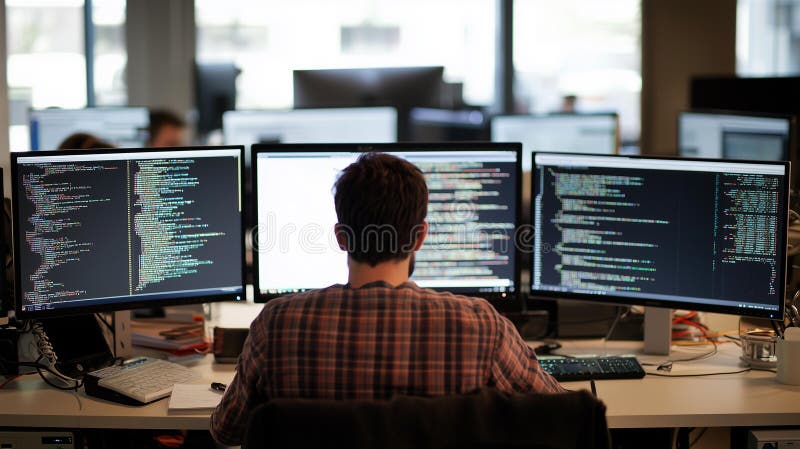 Person Seated Desk Working Multiple Computer Monitors Displaying Stock Photos - Free & Royalty ...