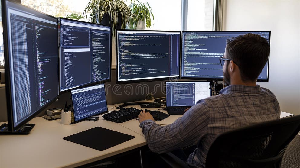 Ultra-realistic Image of a Software Engineer Debugging Code on Multiple Monitors in a High-tech ...