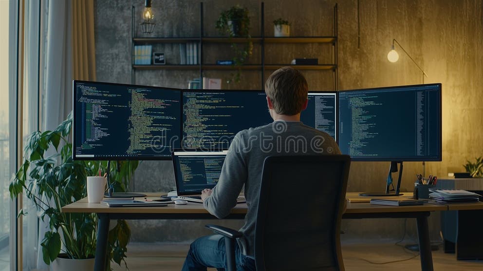 Ultra-realistic Image of a Software Engineer Debugging Code on Multiple Monitors in a High-tech ...