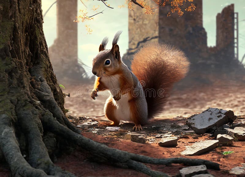 An Ultra-realistic Image of a Squirrel in the Ruins of the Post ...