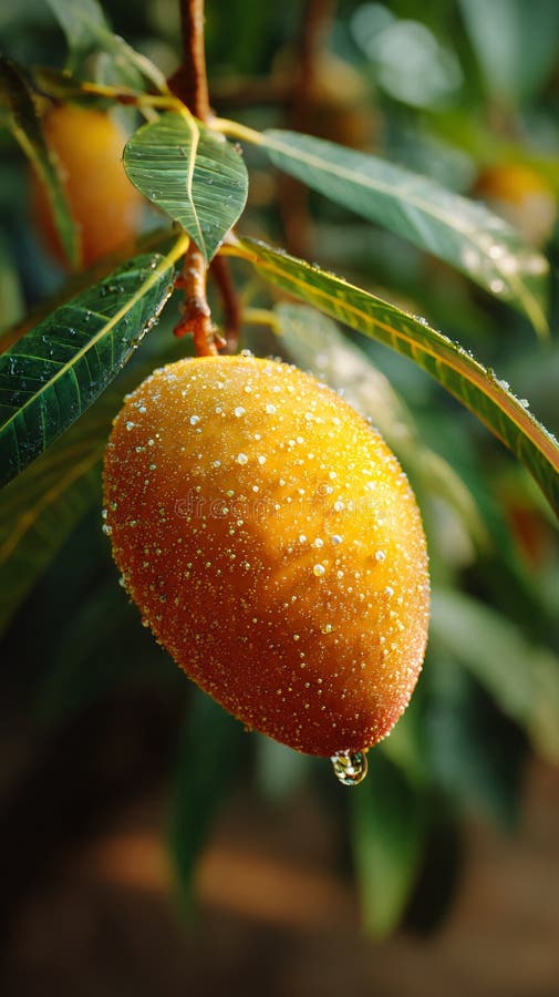Ultra Macro of Ripe Mango with Water Droplets on Tree Branch. Generated ...