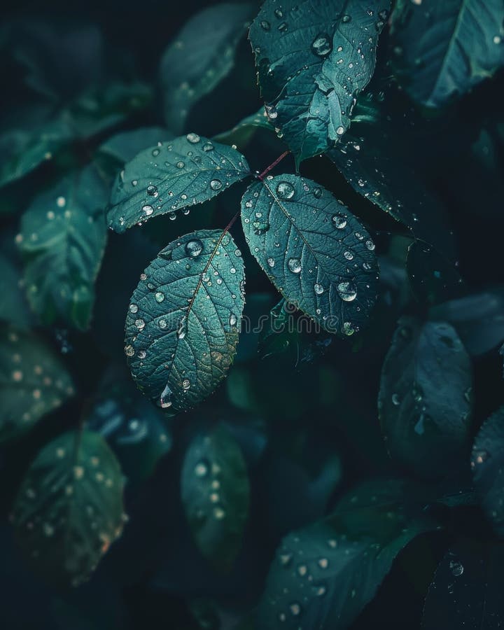 Ultra Realistic Macro Shot Of Raindrops On Green Leaves On A Rainy Day