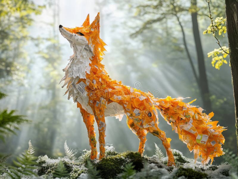 Ultra Realistic Orange Snack Sculpture of Fox in Forest Setting Stock ...