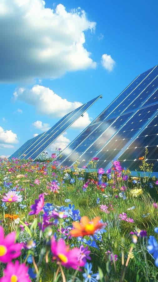 Ultra-realistic Solar Panels Under a Blue Sky in a Field of Flowers ...