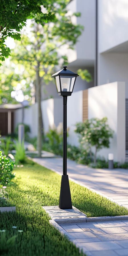 Ultra Realistic Solar Powered Lamp Post in Modern Garden Pathway Stock ...