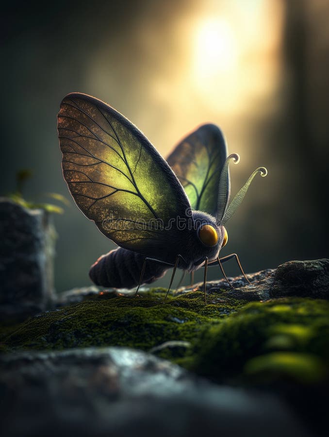 Fantasy Moth Creature with Glowing Veins and Velvet Wings Over Mossy ...