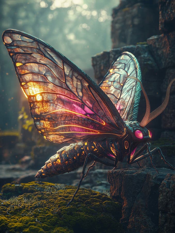 Fantasy Moth Creature with Glowing Veins and Velvet Wings Over Mossy ...