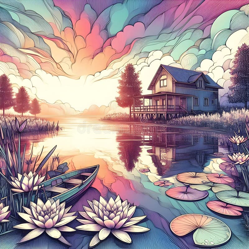 An Ultra Vibrant Realistic 3d Render of a Lakehouse with a Reflective ...