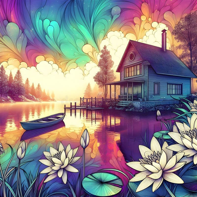 An Ultra Vibrant Realistic 3d Render of a Lakehouse with a Reflective ...