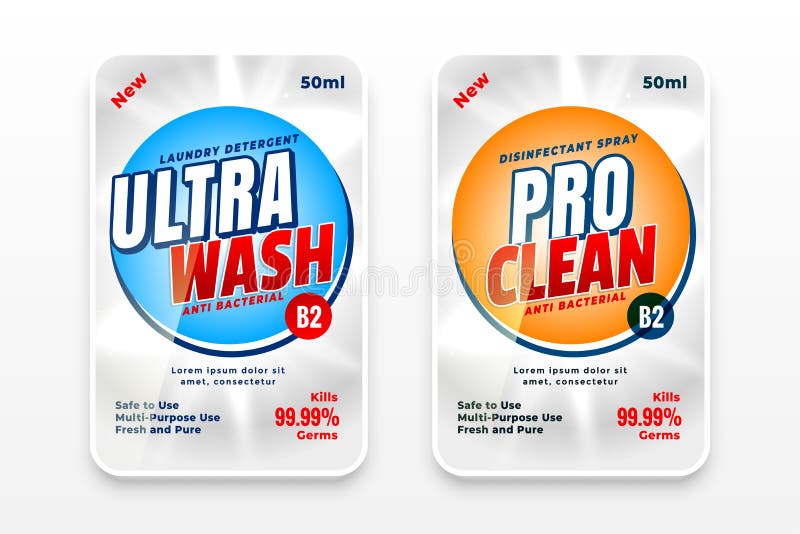 Ultra Wash Laundry Detergent or Disinfectant Labels Set Vector ...