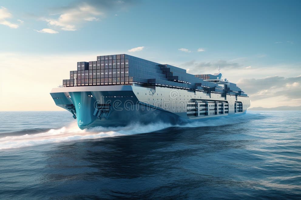 Ultramodern Container Ship of the Future Sails Across the Sea, Equipped ...