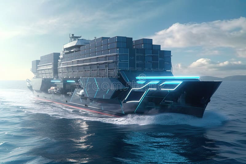 Ultramodern Container Ship of the Future Sails Across the Sea, Equipped ...