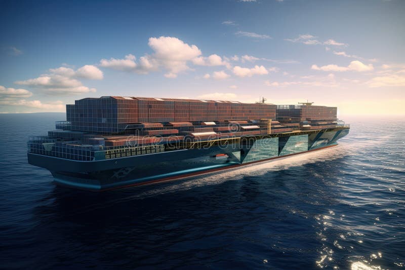 Ultramodern Container Ship of the Future Sails Across the Sea, Equipped ...