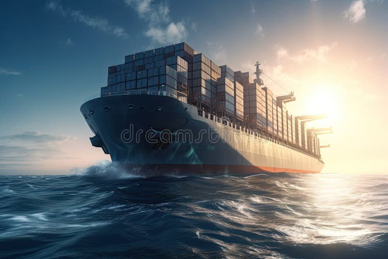 Ultramodern Container Ship of the Future Sails Across the Sea, Equipped with Cutting-edge ...