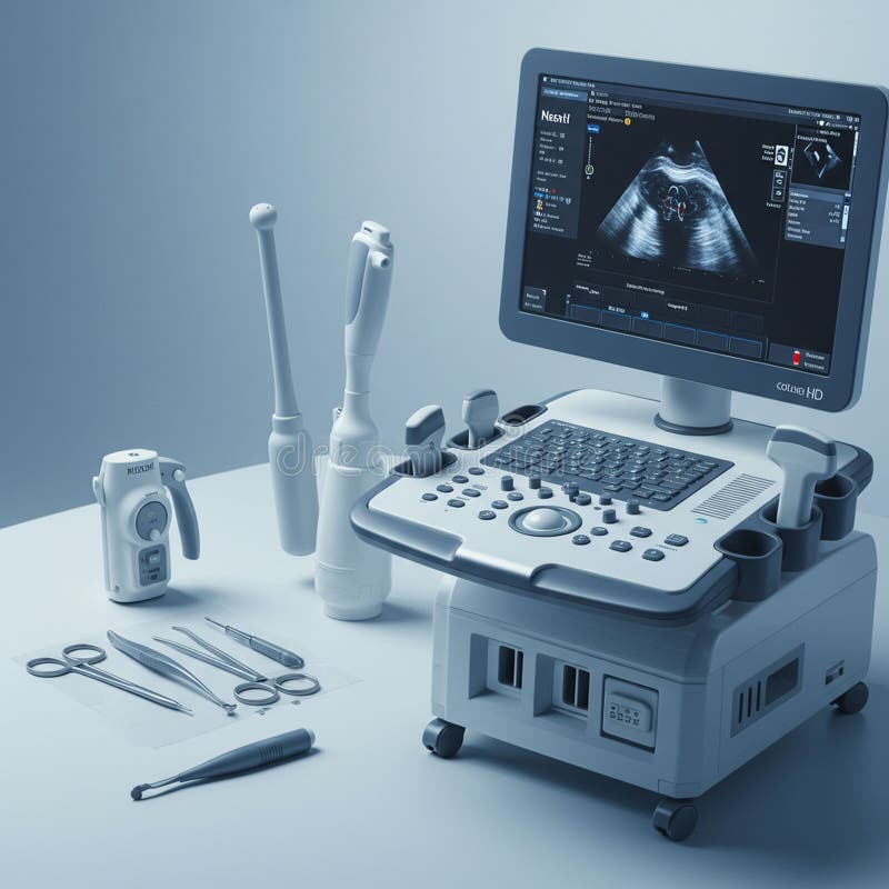 Ultrasound Machine with a Monitor Displaying a Scan, Connected To ...